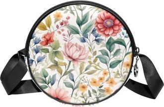 Generic Sac &agrave; bandouli&egrave;re rond pour femme, motif fleurs et feuilles, sac &agrave; dos avec fermeture &eacute;clair, bretelles r&eacute;glables, sac &agrave; main rond d&eacute;contract&eacute; pour fe