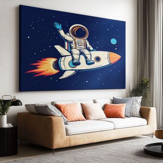 Generic Leinwand-Wandkunst 90 x 60 cm ungerahmt - Cartoon Astronaut Sternenhimmel Rakete Mond Leinwandbild Kunstdruck Gro&szlig; XXL f&uuml;r Wohnzimmer Schlafzimmer Wan