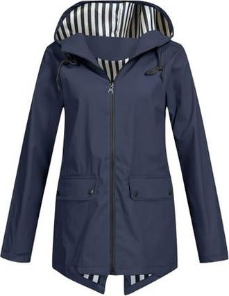 Generic Veste de pluie l&eacute;g&egrave;re pour femme avec capuche, grande taille, coupe-vent, fermeture &eacute;clair, poches, bleu marine, XXL