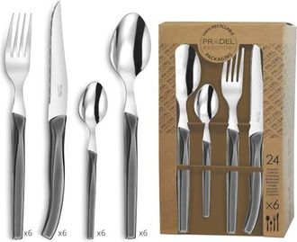 Lou Laguiole RISING SUN Besteck Set 6 Personen | 24-teilig | Grau gl&auml;nzend | Essbesteck 6 Personen sp&uuml;lmaschinenfest | 18/0 Edelstahl mit Mikroverzahnung | 6x Mess