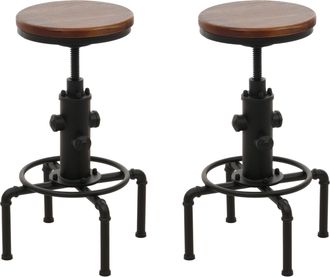Mendler 2er-Set Barhocker HWC-N23, Barstuhl Tresenhocker h&ouml;henverstellbar drehbar Fu&szlig;ablage Industrial Eisen Massiv-Holz - braun
