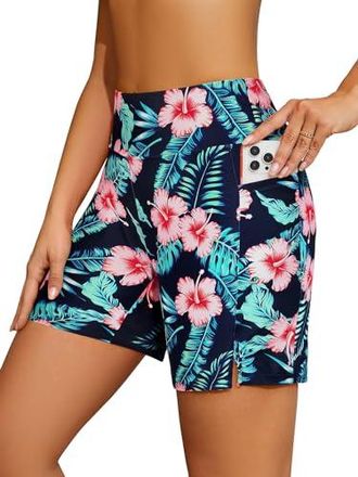 SHEKINI Short de bain pour femme - Taille haute - Avec poches - Séchage rapide - Avec doublure, Bleu foncé-taille S, XXL