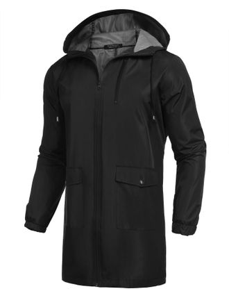 Coofandy Langer Regenmantel f&uuml;r Herren, leichte Regenjacke, wasserdichte Outdoor-Jacken mit Kapuze, Schwarz, XXL