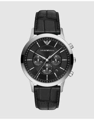 Emporio Armani Archetipo Chronograph-Uhr aus schwarzem Leder in Silber