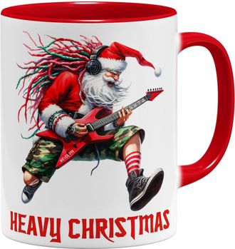 OM3 Heavy Christmas Kaffee-Tasse Lustige Weihnachtstasse f&uuml;r Rocker & Heavy Metal Fans - Weihnachtsmann mit Gitarre - Keramik Becher - 325ml - Beidseitig 