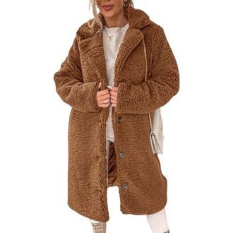 Generic Manteau dhiver chaud &agrave; manches longues en peluche pour femme avec col &agrave; revers, coupe ample, doublure en polaire, caramel, XXL