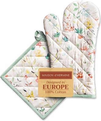 Maison d'Hermine Ofenhandschuh und Topflappen, 100% Baumwolle, hitzebeständiger Ostern Ofenhandschuh(19cm x 33cm) & Topflappen(20cm x 20cm) für Köche, Colmar - Frühlin