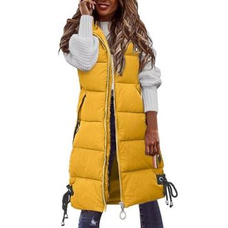 Generic Manteau d&eacute;contract&eacute; uni &agrave; capuche avec poche zipp&eacute;e pour femme Veste ample sans manches Manteau long pour femme V&ecirc;tements d&eacute;contract&eacute;s, jaune, 4XL