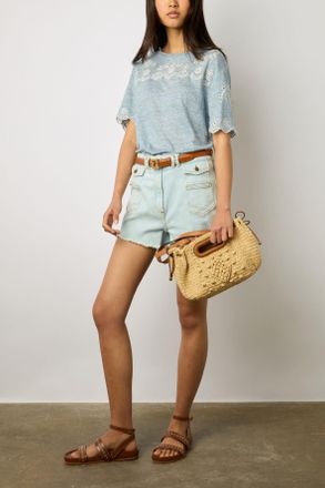 Gerard Darel T-shirt en lin &agrave; broderie - MANIKA - Bleu ciel