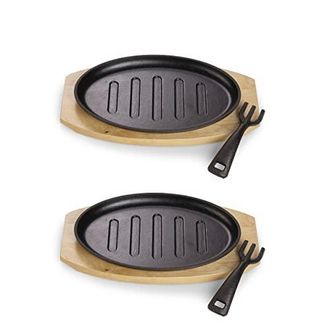 Echtwerk Servierpfanne aus Gusseisen mit Grillstreifen und Servierbrett, Abnehmbarer Griff, Bereits eingebrannt, F&uuml;r Back&ouml;fen, Grill, BBQ und Induktion geeigne