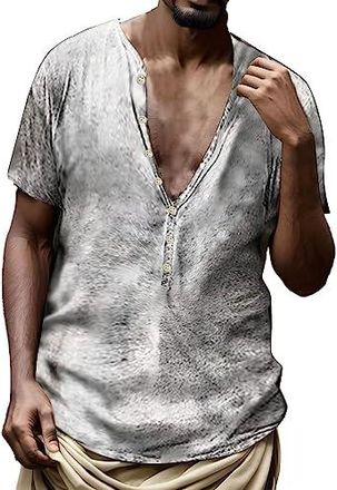 Generic Hommes T Shirt Col V Slim Fit T-Shirt Manches Courtes Henley Couleur Unie Sport Chemise Coton Muscle pour Hommes Boutons Chemise Hommes Cintr&eacute;e Respir