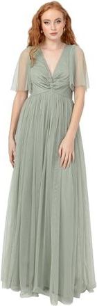 Anaya with Love Womens Maxi Dress Ladies Short Flutter Sleeve V-Neck Twist Front Empire A-Line Tulle Bridesmaid Wedding Guest Prom, Frosty Green, 44