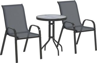 OUTSUNNY Salon de jardin ext&eacute;rieur - Outsunny - 3 pi&egrave;ces - 2 fauteuils empilables et table basse avec dessus en verre tremp&eacute; - gris fonc&eacute;