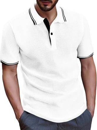 Generic Polo pour homme &agrave; manches courtes en tricot avec col boutonn&eacute; - D&eacute;contract&eacute; - &Eacute;t&eacute; vintage - Blouses 2026, Polos blancs pour hommes, XXL