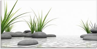 Artland ARTland Wanddeko Glasbilder Wandbild Glas Bild einteilig 100x50 cm Querformat Wellness Zen 3D Steine Entspannung Spa Gräser See Modern T6CD