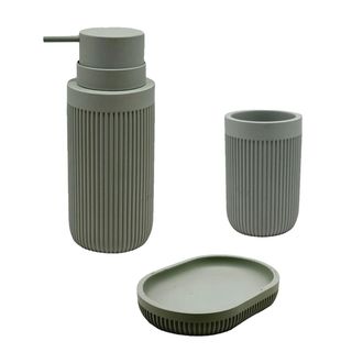 Relaxdays Bad Accessoires, 3-teilig, Seifenschale, Seifenspender, Zahnputzbecher, Polyresin, Bad Zubeh&ouml;r Set, hellgrau
