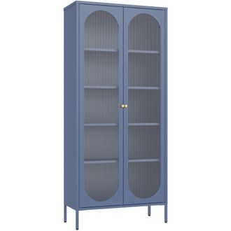 Happy Garden Armoire en m&eacute;tal bleu gris et verre 180cm YASMINE