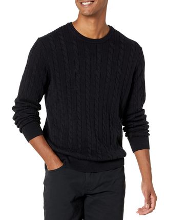 Amazon Essentials Herren Baumwoll-Pullover mit Rundhalsausschnitt und Zopfmuster, Schwarz, XXL