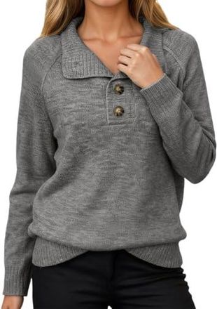 Generic Pull à col montant boutonné en tricot torsadé pour femme - Pull confortable à col montant - Couleur unie - Pull décontracté à manches longues, gris fo