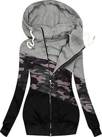 Generic Vestes dhiver &agrave; manches longues pour femmes 2026 - Sweatshirt d&eacute;contract&eacute; imprim&eacute; avec fermeture &eacute;clair - Camouflage, gris, S