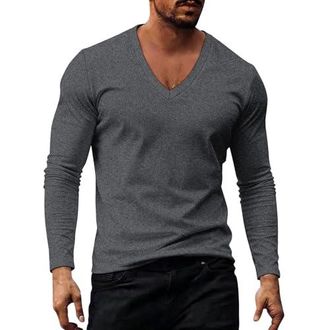 Generic DENGJIAMY T-shirts &agrave; col en V profond pour hommes tendance solide &agrave; manches longues classique basique uni hauts d&eacute;contract&eacute;s printemps v&ecirc;tements tenda