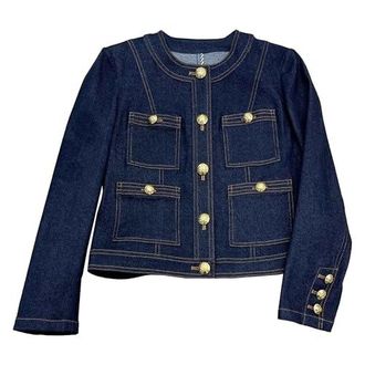 Generic Veste en jean courte sans col pour femme - Manches longues - Avec poches, noir fonc&eacute;, 3XL