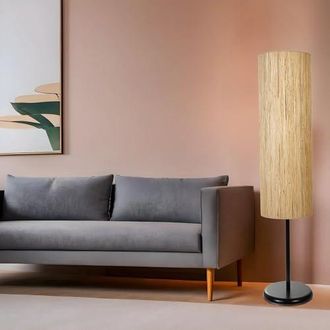 Opviq Stylish Floor Lamp with Metal Body & Bamboo Cap, 140 cm Height, 30 cm Diameter | E27 Socket, 40W Max | Elegant Oak & Black Design for Modern Spaces