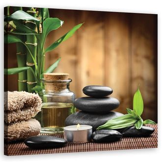 Feeby Wanddeko Spa Zen Steine 50x50 cm Leinwandbild Kunstdruck Bambus Öle Stilleben Grün