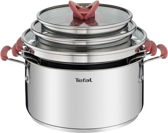 T-fal Optispace 3-teiliges Kochtopf-Set 18/20/24 cm + 3 Deckel, induktionsgeeignet, Thermo-Fusion, Messmarken, spülmaschinenfest und backofenfest, Edelstahl