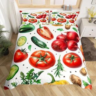 Generic Housse de Couette 200x200 Tomates Parure de Lit 2 Personnes Fruits et L&eacute;gumes Imprim&eacute;e 3D Microfibre Literie Set 3 Pi&egrave;ces avec Housses Couettes et 2 T