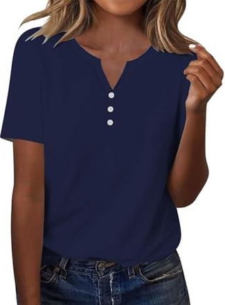 Generic T-shirt d&eacute;t&eacute; pour femme avec col en V et manches courtes et boutons - Coupe ample - Uni, Z04-bleu marine, S