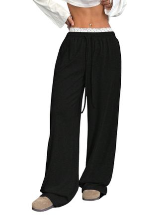 SOLY HUX Damen Doppeltaille Hosen mit Spitze Freizeithose Weite Sweathose Y2K Locker Casualhose mit Taschen Jogginghose Schwarz XS