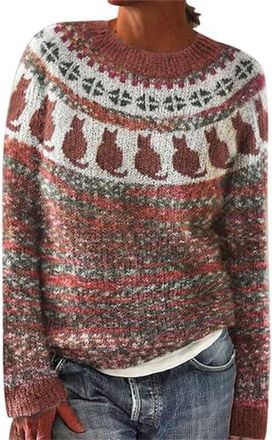 Generic Pull Fairisle pour femme - Grande taille - Pull tendance à manches longues et col rond - En tricot festif - Pour lhiver et les vacances, Zb-rouge, XXL