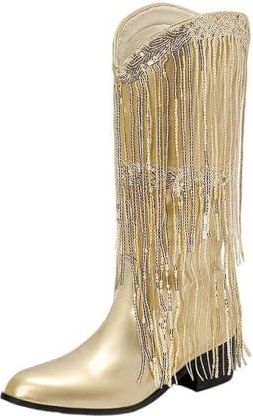 Generic Bottes hautes au genou pour femme avec franges de mollet larges et longues bottines &eacute;l&eacute;gantes &agrave; bout pointu de couleur unie &agrave; talon &eacute;pais &eacute;l&eacute;gantes et