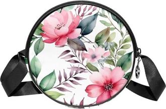 Generic Petit sac &agrave; bandouli&egrave;re circulaire pour femme, motif feuilles florales, sac &agrave; dos avec fermeture &eacute;clair, bretelles r&eacute;glables, sac &agrave; main rond d&eacute;contra