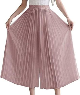 Lazutom Pantalon dété en mousseline de soie pour femme, taille haute, élastique, trapèze, plissé, Capri, rose, 34