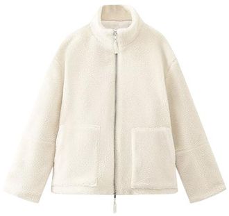 Ocean Plus Manteau à manches longues en peau dagneau épaisse et unie pour femme - Avec col haut - Veste dhiver zippée, Blanc., XL