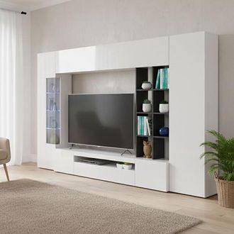 Dmora Ausgestattete Wand Ocean, TV-St&auml;nder-Wohnzimmerset, Mehrzweck-Wohnzimmerm&ouml;bel mit LED-Licht, 100 % Made in Italy, 290 x 40 x 192 cm, gl&auml;nzendes Wei&szlig; u