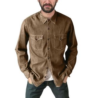 Generic VYLYNL Chemise en jean pour homme &agrave; manches longues - Chemise de cowboy d&eacute;contract&eacute;e boutonn&eacute;e - Chemise de travail d&eacute;contract&eacute;e avec poche - Coupe am