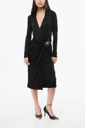 Versace Fitted Crepe de Chine Dress with Deep V-Neck Versace