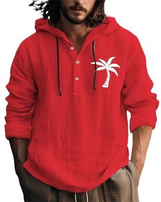 Generic Chemise en lin pour homme - En coton et lin - Boutonni&egrave;re - Manches longues - Avec capuche - Chemise d&eacute;contract&eacute;e confortable - Chemise d&eacute;t&eacute; l&eacute;g&egrave;re - 