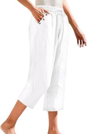Generic Pantalon Femme Large L&eacute;ger Fluide en Lin pour Pantalon en Lin pour Femme Petit D&Eacute;t&eacute; D&eacute;contract&eacute; Coton Coupe Droite avec Poches Boutonn&eacute;es Yoga L&eacute;ger (