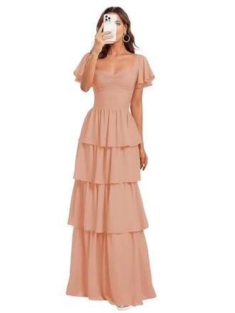 Generic Robe de demoiselle dhonneur en mousseline de soie à volants à manches courtes en coeur Robe dinvité de mariage Robe de soirée formelle Robes de bal, v