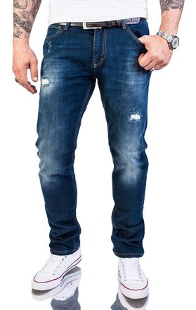 Rock Creek Herren Jeans Hose Slim Fit Stretch Jeans Herrenjeans Herrenhose Denim Stonewashed Dunkelblau Raw Destroyed RC-2145 Darkoceanblue W33 L36