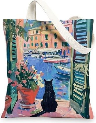 Generic Sacs fourre-tout en toile artistique, motif chat vintage et floral, sacs dépicerie réutilisables, légers et lavables en toile avec bandoulière, multic