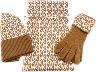 Michael Kors SET I Schal/M&uuml;tze/Handschuhe I Hat/Scarf/Gloves I Weiche Acrylwolle I Michael Kors Logo I Goldener Geschenkkarton I (Braun)