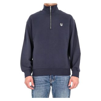 Maison Kitsun&eacute; Fox Head Comfort Half Zip Sweatshirt - - Sweatshirts & Hoodies - Herren - Blau - L