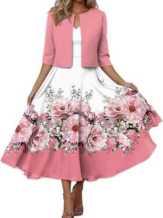 Minetom Robe avec Bol&eacute;ro Femmes El&eacute;gante Imprim&eacute; Cocktail Soir&eacute;e F&ecirc;te Robe Longue Deux Pi&egrave;ces Chic Col en V Robe avec Cardigan C Rose XL