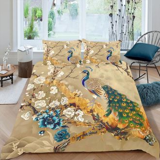 Generic Blumen Pflanzen Tiere Pfau Bettw&auml;sche 135X200 cm Weich Und Atmungsaktiv 3D Bedrucken Poliestere Bettw&auml;sche Set, Bettbezug Und 2 Kissenbezug Mit Rei&szlig;ve