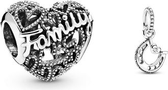 Pandora Family Herz Charm Sterling-Silber 8,6 x 10,8 x 11,5 mm (T/H/B) & Glückshufeisen Charm-Anhänger, Sterling-Silber799157C01